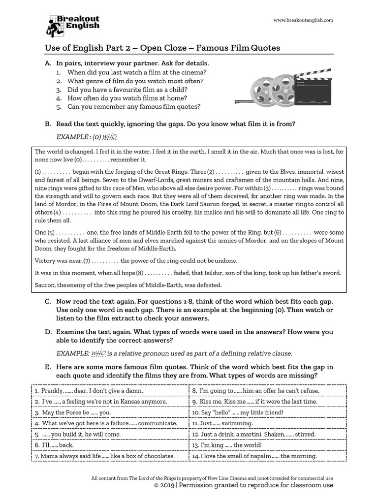 First FCE UoE Open Cloze Film Quotes | PDF