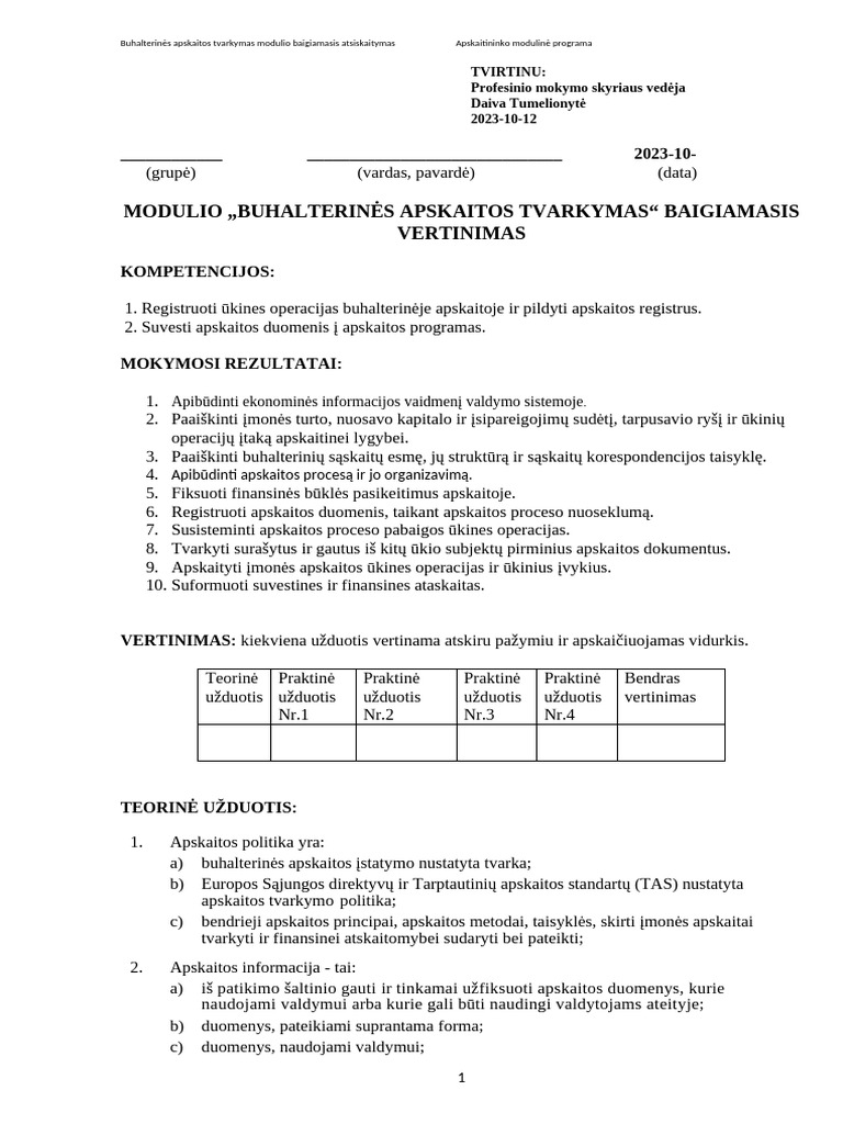 Buhalterinės Apskaitos Tvarkymas Modulis Baigiamasis Darbas 2023_2024 (2) | PDF