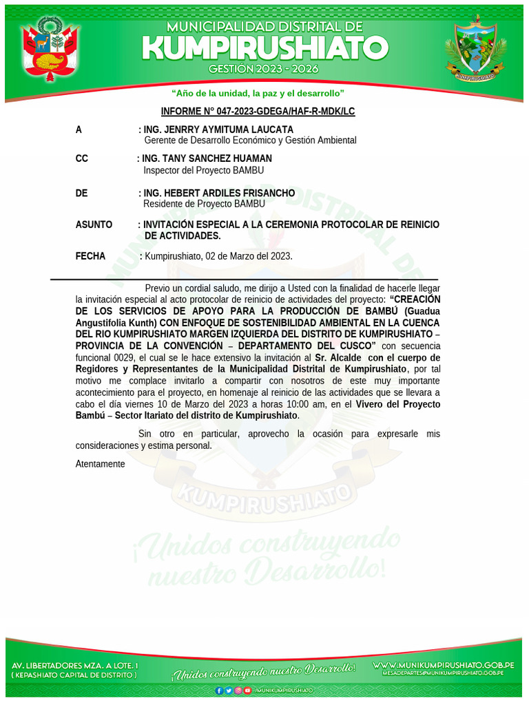 INFORME N. 048 INVITACION A LA CEREMONIA PROTOCOLAR DE REINICIO DE ACTIVIADES Autoridades | PDF