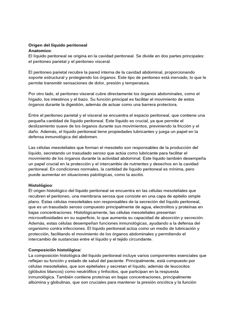Origen y análisis del líquido peritoneal | PDF | Peritoneo | Medicina ...