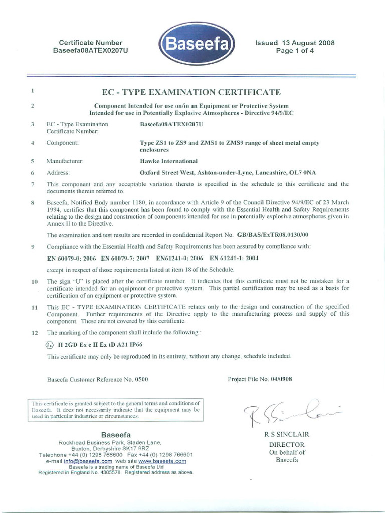 ATEX - Baseefa 08ATEX0207U | PDF
