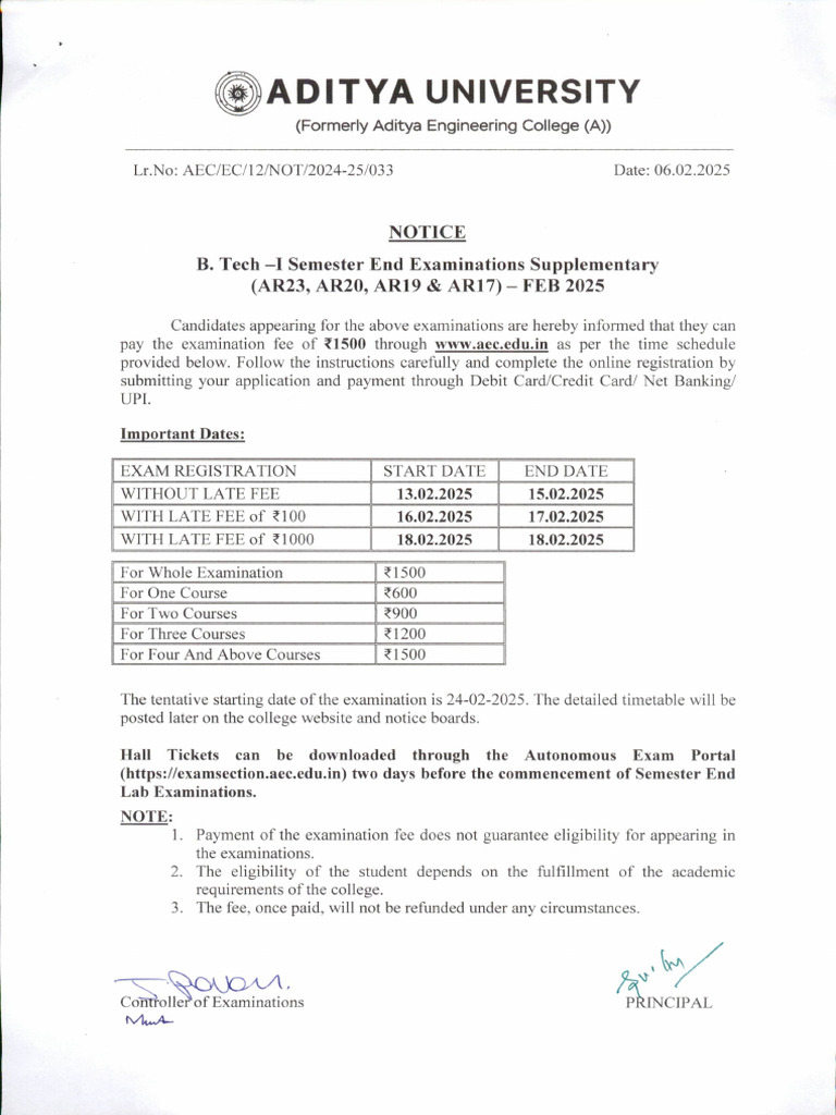 Exam Fee Notification - B.Tech I Sem Supple - Feb 2025 | PDF
