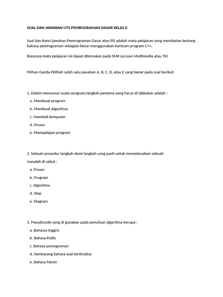 Soal Dan Jawaban Uts Pemrograman Dasar Kelas X | PDF