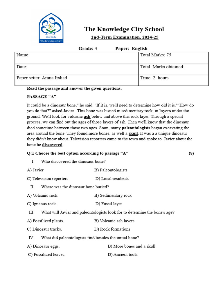 Grade 4 English Paper, 2nd Term | PDF | Fossil | Dinosaurs