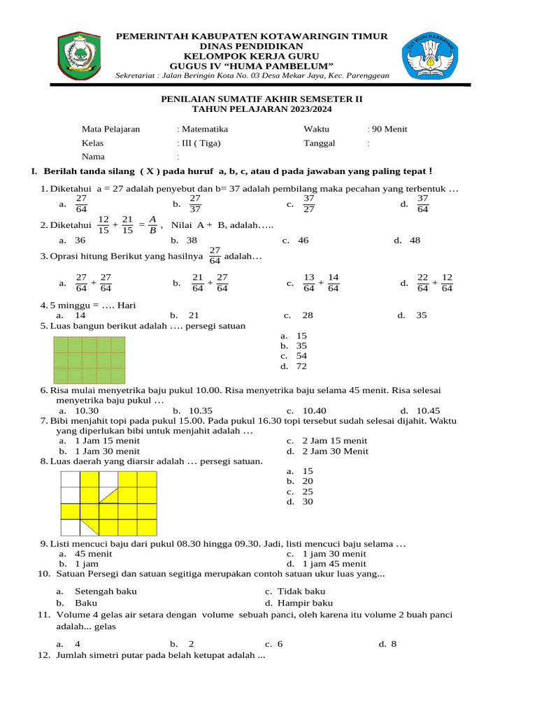 soal Matematika sems 2 kelas 3 | PDF