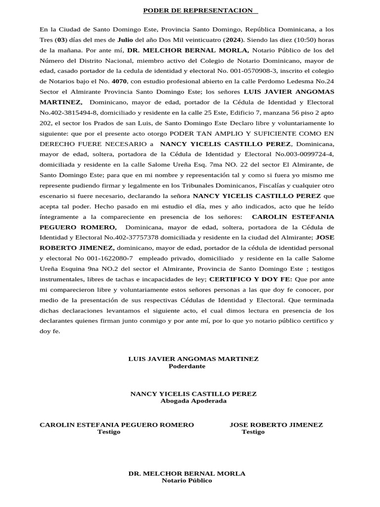 Poder de Representación Notarial en RD | PDF | República Dominicana ...