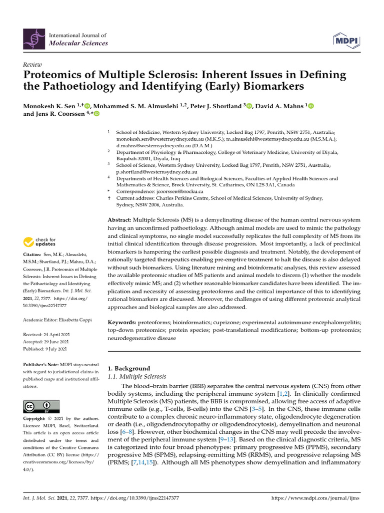 Proteomics of Multiple Sclerosis - Inherent Issues in Defining | PDF | Multiple Sclerosis ...
