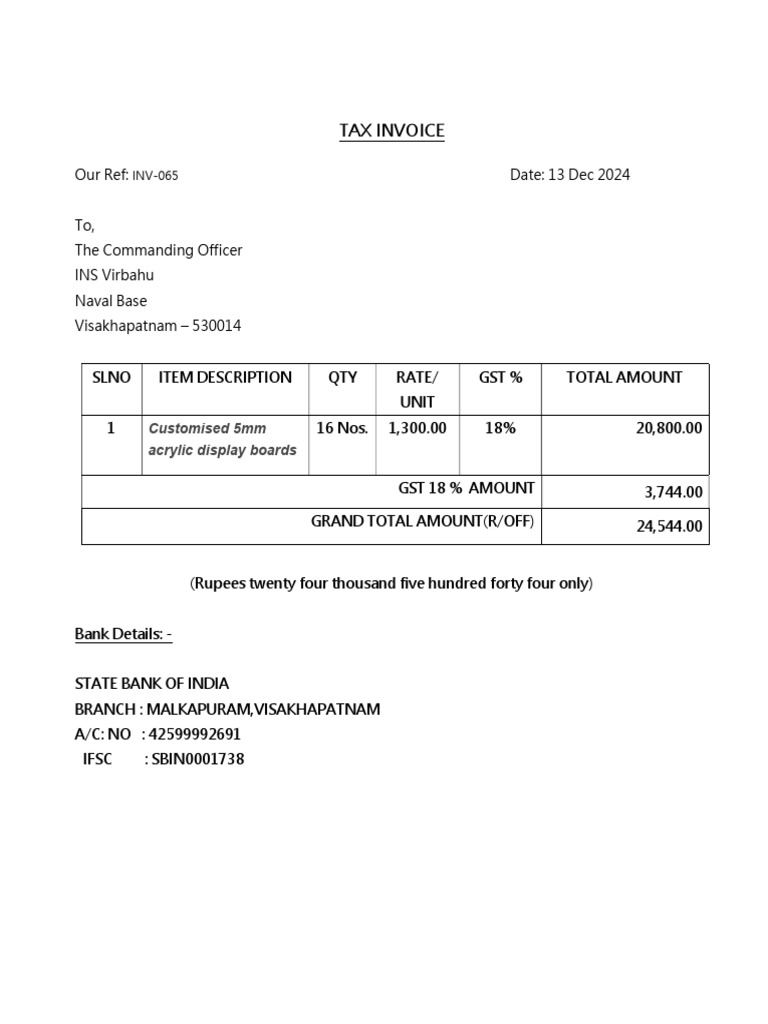 Tax Invoice for Custom Acrylic Boards | PDF