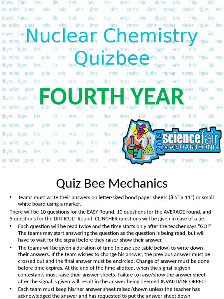 Nuclear Chemistry Quiz Bee Guide | PDF | Nuclear Physics | Radioactive ...
