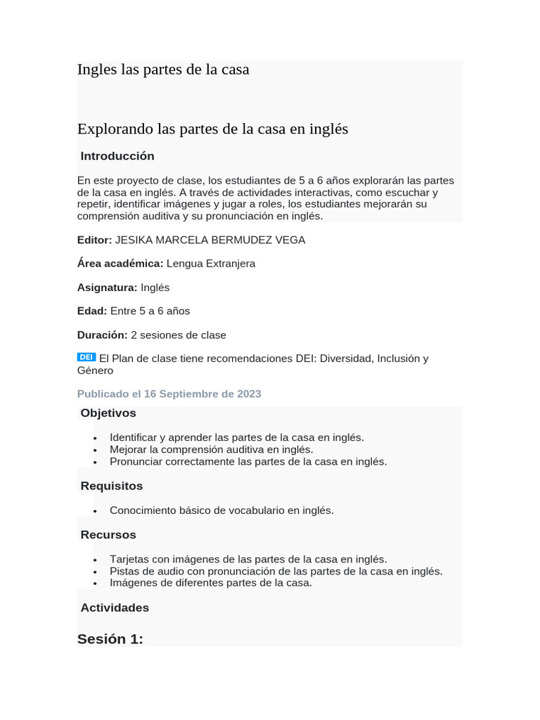 Partes de la Casa en Inglés para Niños | PDF