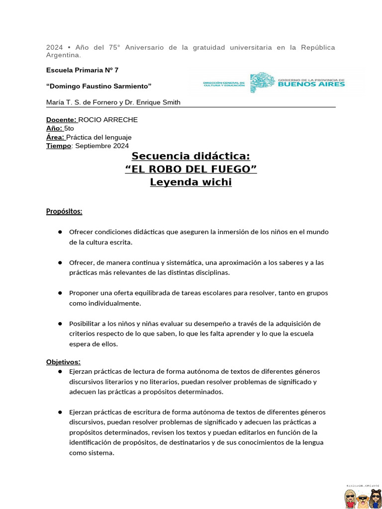 Secuencia Didactica El Robo Del Fuego Leyenda Wichi Quito Grado | PDF | Leyendas | Maestros
