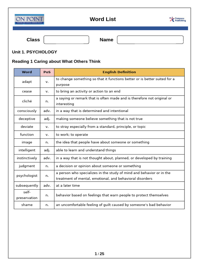On Point 2 2e Word List en | PDF | Psychology | Mind