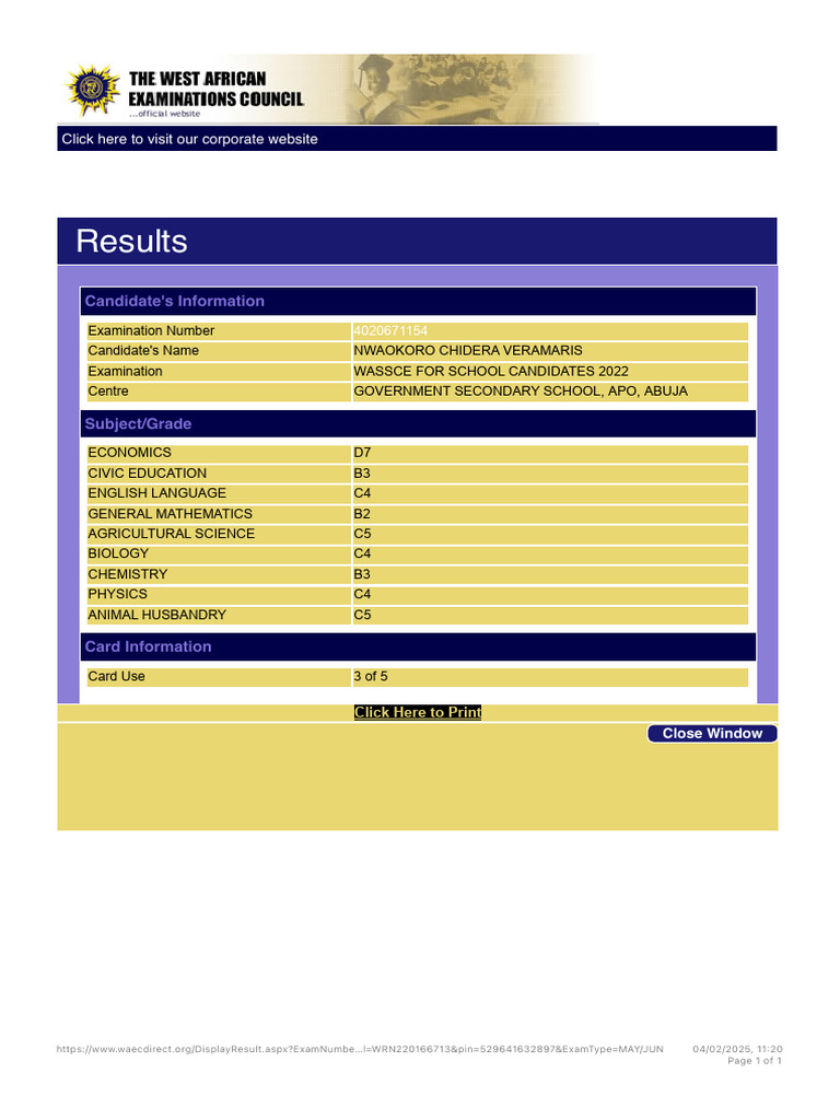 Waecdirect Online - Results | PDF
