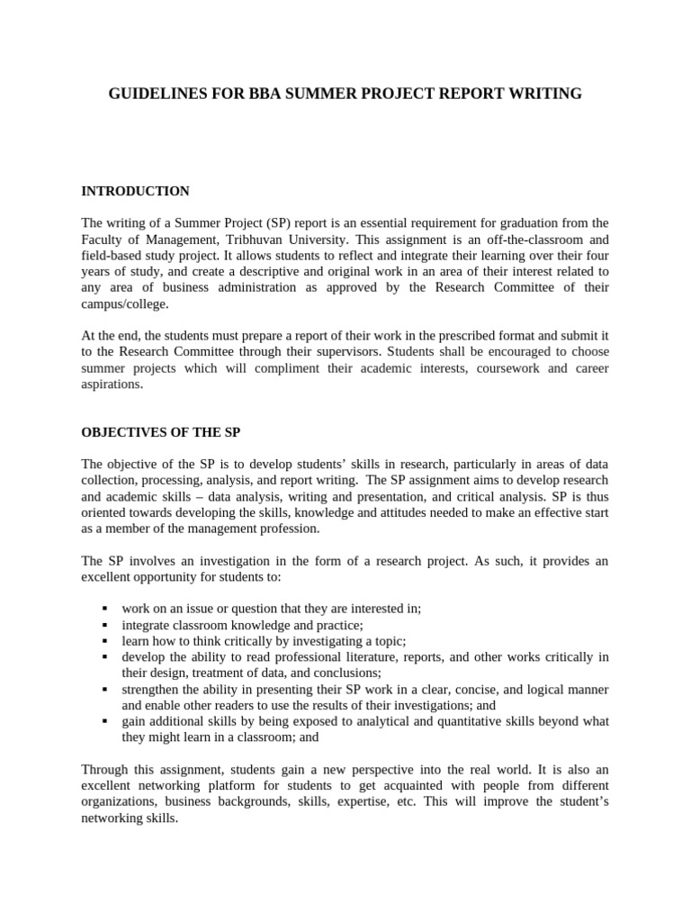 BBA Summer Project Report Guidelines | PDF