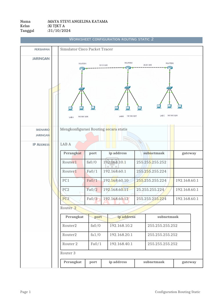Worksheet Routing Static 1 Maya | PDF | Router (Computing) | Communications Protocols