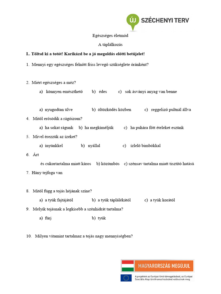 Egeszseges Eletmodra Neveles 1 Feladatsor | PDF