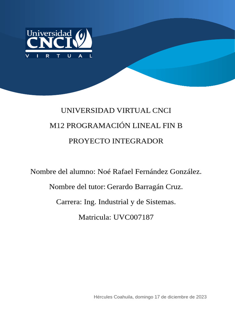 Proyecto Integrador M12 Programación Lineal FIN B. | PDF