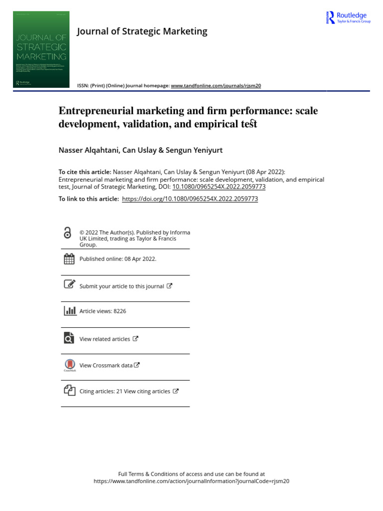 Entrepreneurial Marketing And Firm Performance Scale Development Validation And Empirical Test