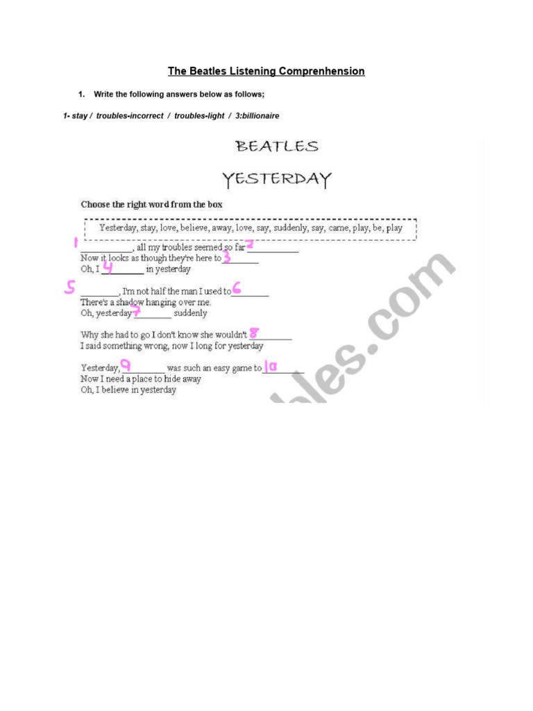 Copia de Beatles Listening Comprehension 4th of ESO | PDF | The Beatles ...