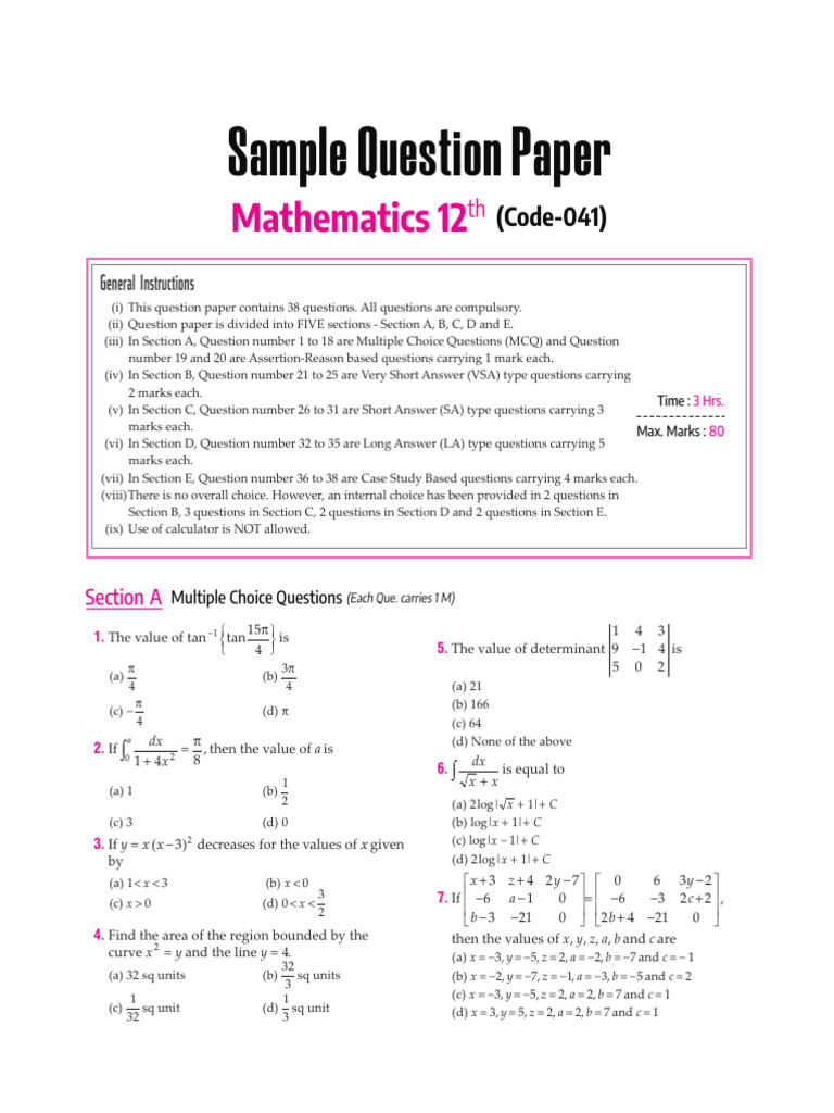 Samplepapermaths12th 173694523 | PDF | Mathematical Analysis | Mathematics