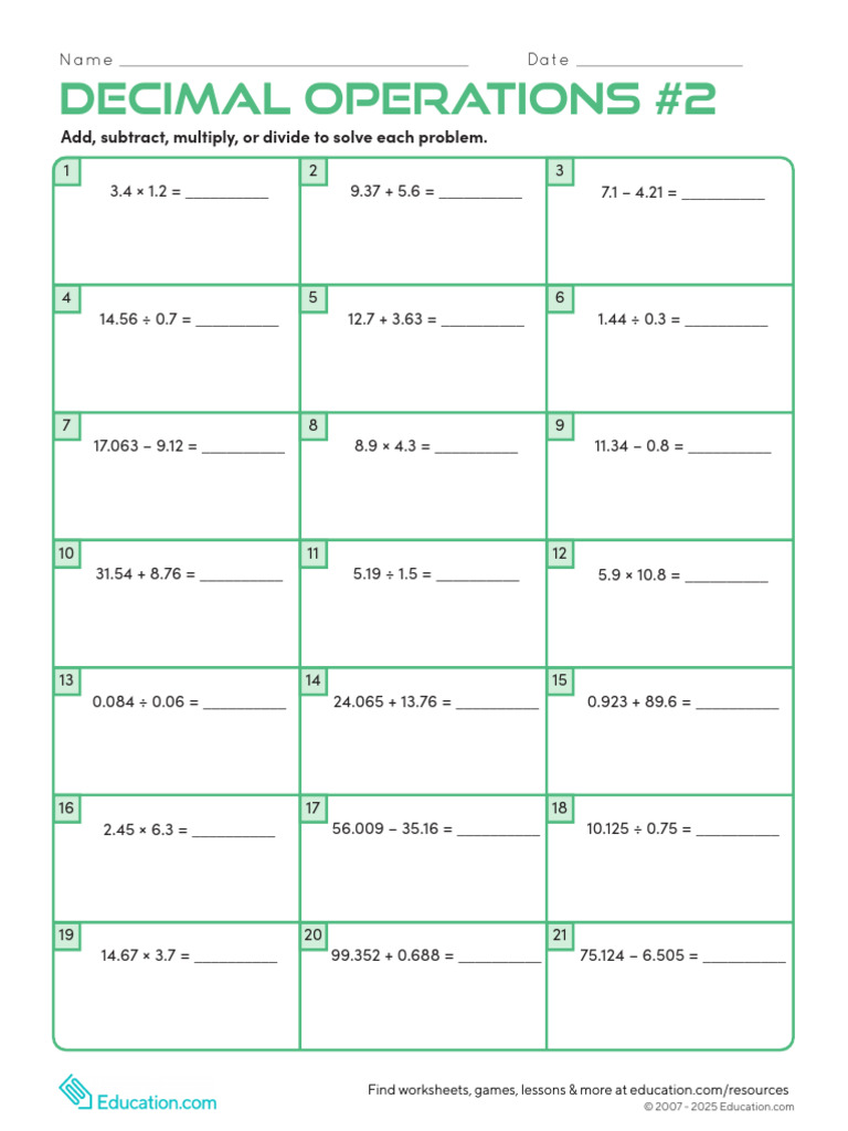 Decimal Operations Practice Worksheet | PDF