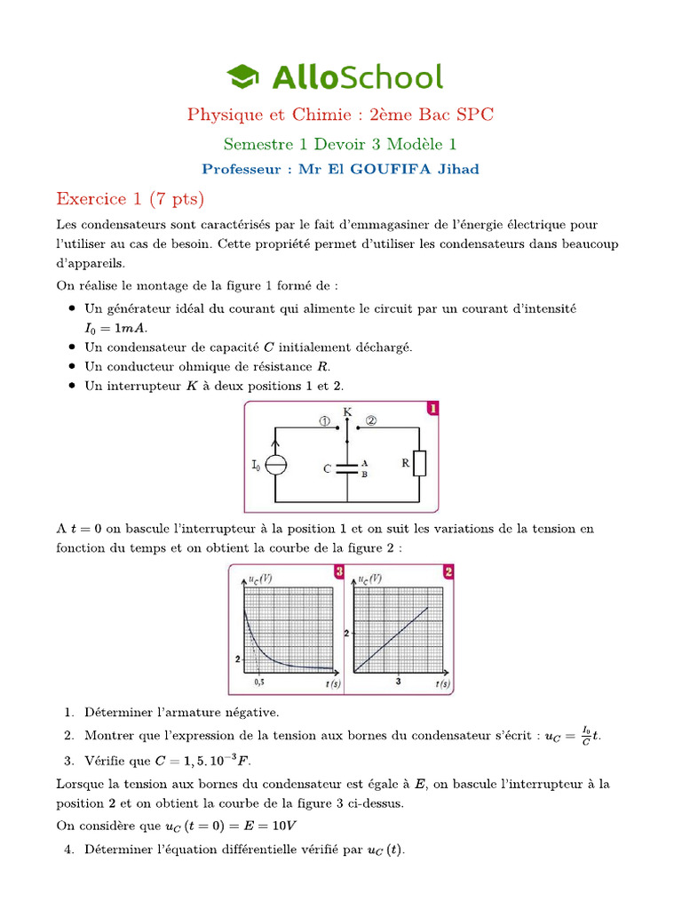 PC 2bac SPC Semestre 1 Devoir 3 Modele 1 1 | PDF