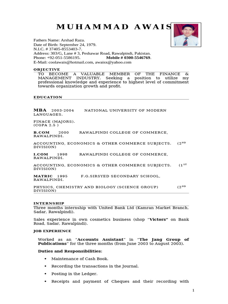 Muhammad Awais Cv | PDF | Banks | Business