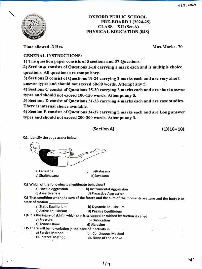 Class XII Physical Education Pre-Board Exam | PDF