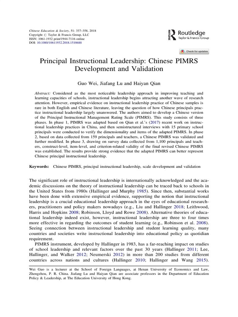 Guo Et Al (2018) Principal Instructional Leadership Chinese PIMRS Development and Validation ...