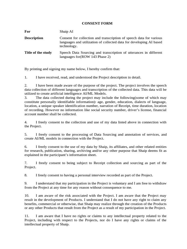 ROW 143 Phase 2 - Audio Recording - Consent Form | PDF | Artificial ...