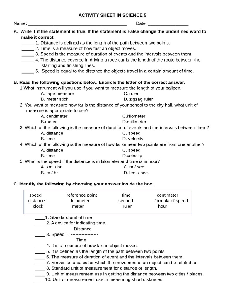 ACTIVITY SHEET IN SCIENCE - Review | PDF | Speed | Distance