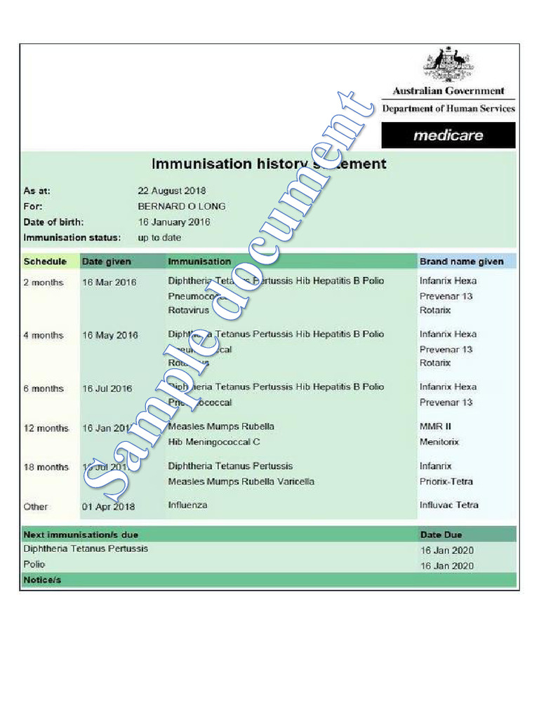 Sample of Immunisation History Statement | PDF