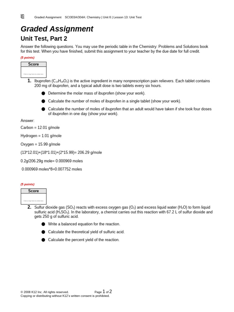 6.13 Unit Test_ Stoichiometry - Part 2 | PDF | Mole (Unit) | Stoichiometry
