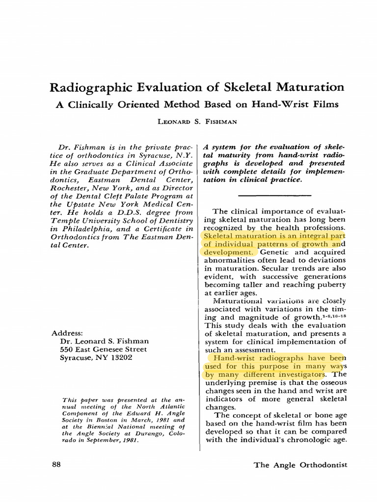 Fishman 1982 - Radiographic Evaluation of Skeletal Maturation | PDF