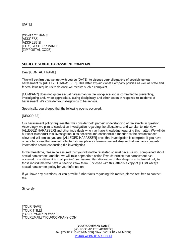 Letter To Sexual Harassment Complainant D640 | PDF | Harassment ...