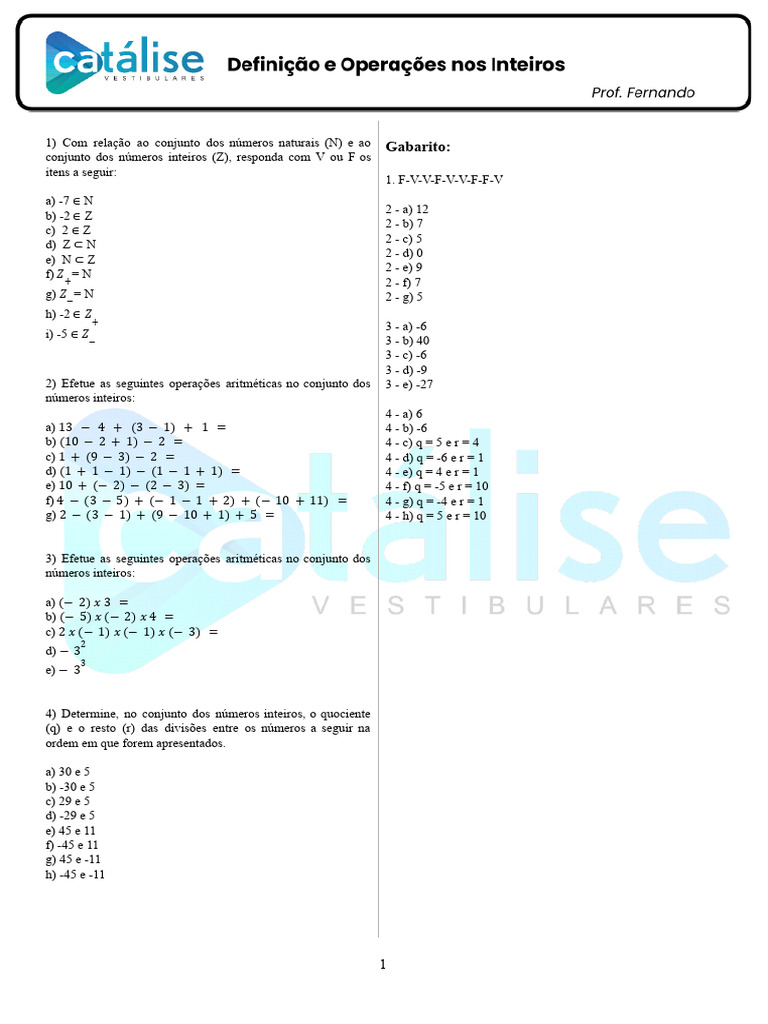 Mat M0 F1 A1 Aula 14 - Definicao e Operacoes Nos Inteiros | PDF