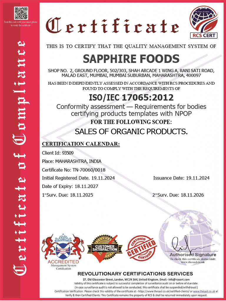 ISO/IEC 17065 Certification for Sapphire Foods | PDF