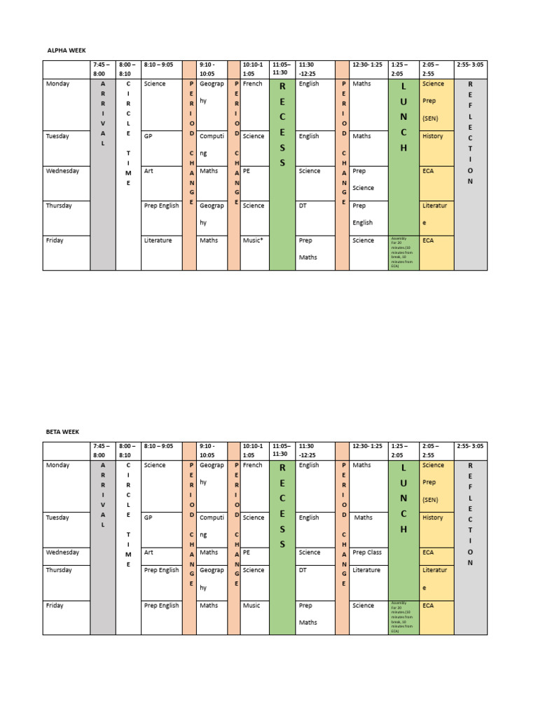 Year 9 Timetable | PDF