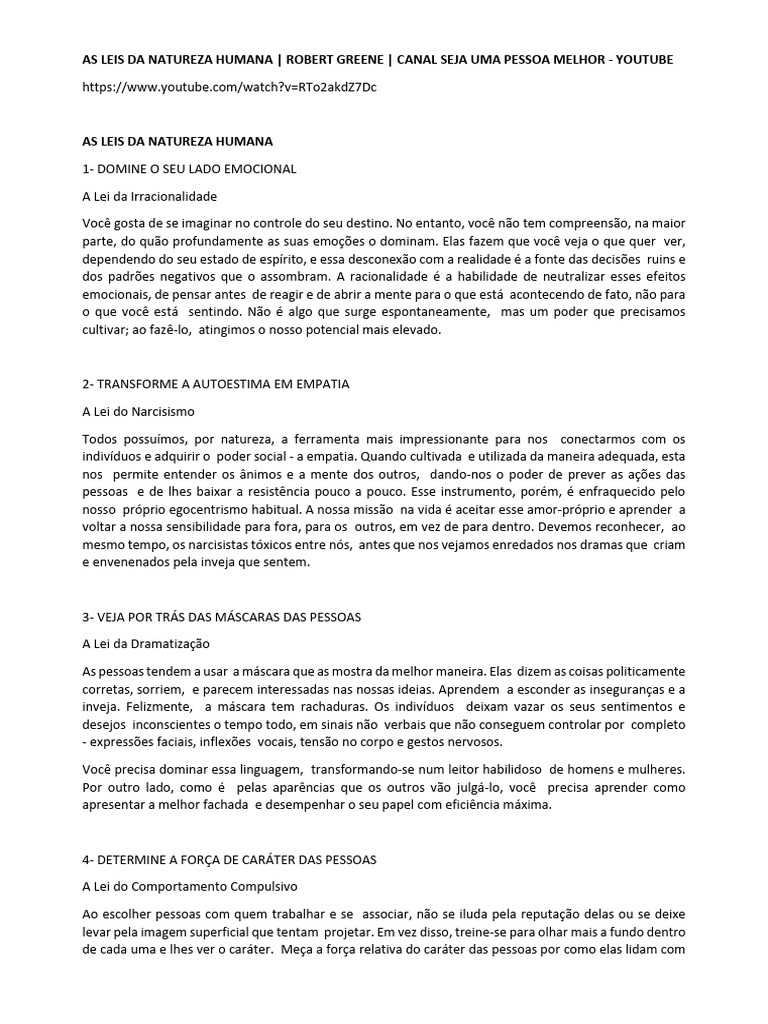 As Leis Da Natureza Humana - Robert Greene | PDF | Liderança | Pensamento