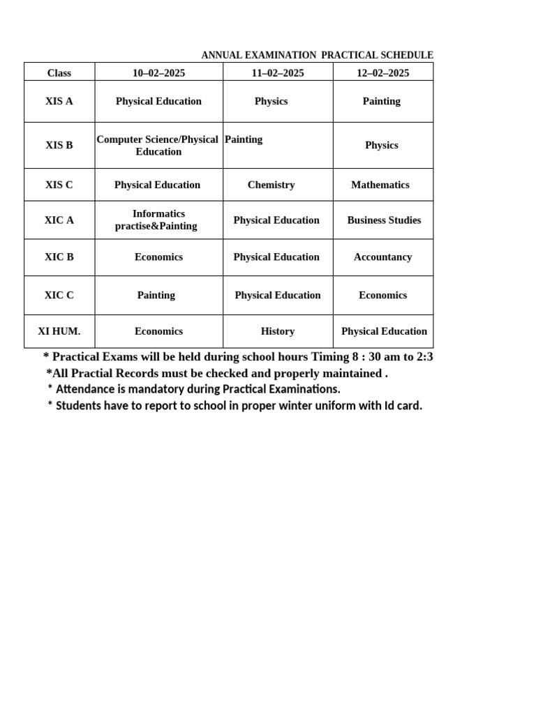 2024-2025 Annual Exam Practical Schedule | PDF
