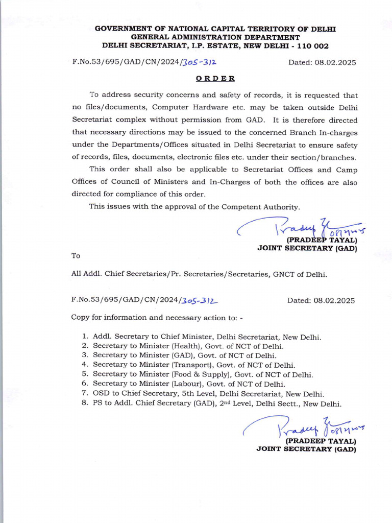 Order Safety of Records GAD - Delhi: 08.02.2025 | PDF