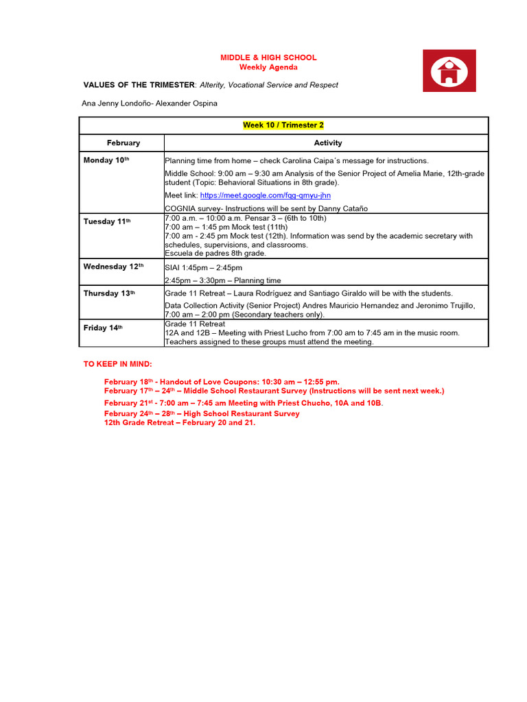 Middle & High School Weekly Agenda | PDF