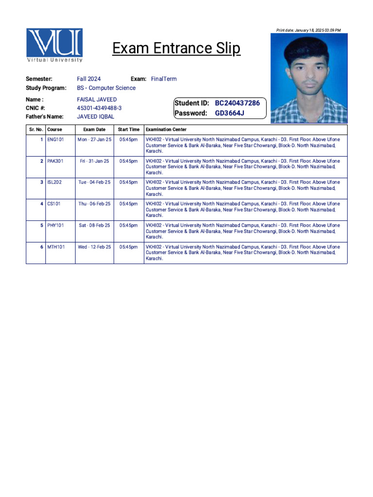 Exam Enterance Slip | PDF