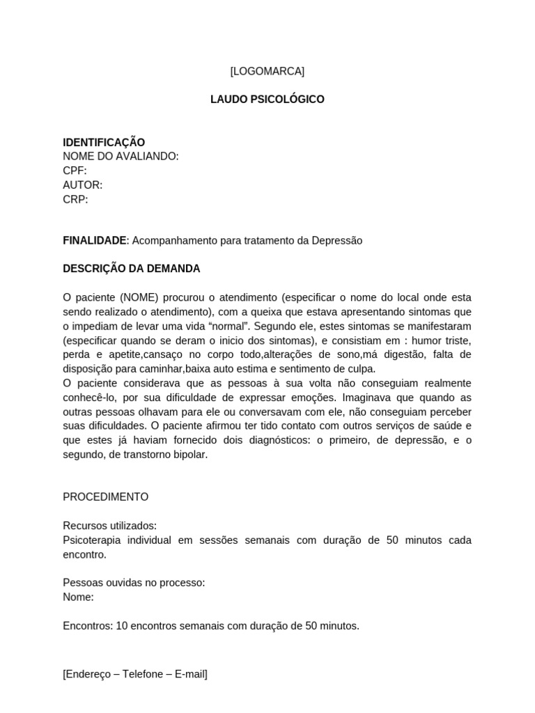 Laudo Psicológico para Depressão | PDF | Depressão | Psicoterapia