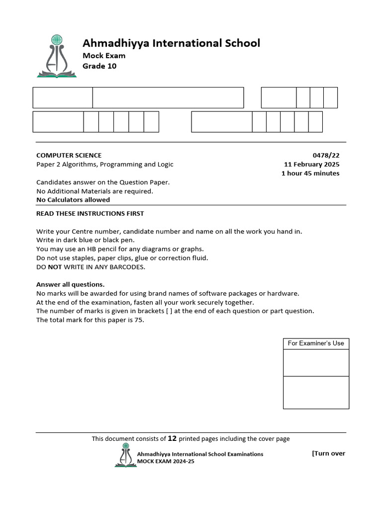 Grade 10 Computer Science Mock Exam | PDF | Password | Programmer