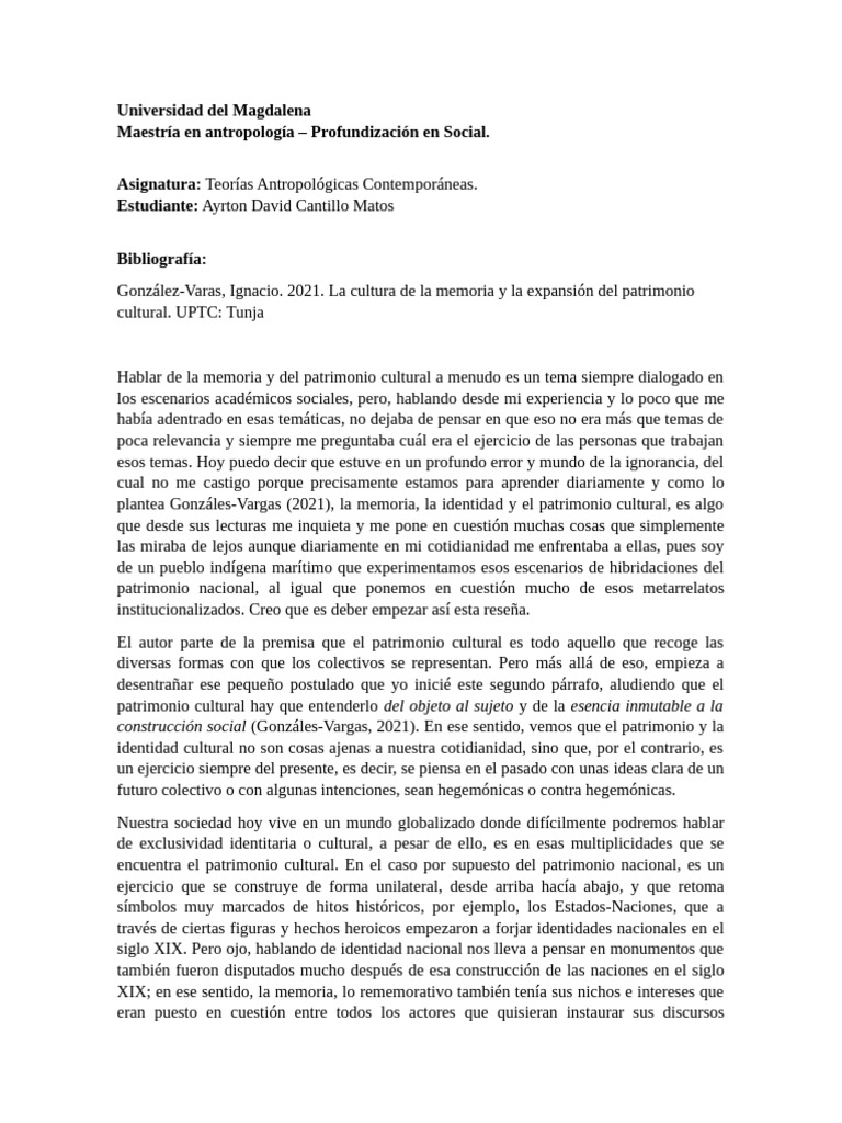 La Cultura De La Memoria Y La Expansión Del Patrimonio Cultural Ayrton
