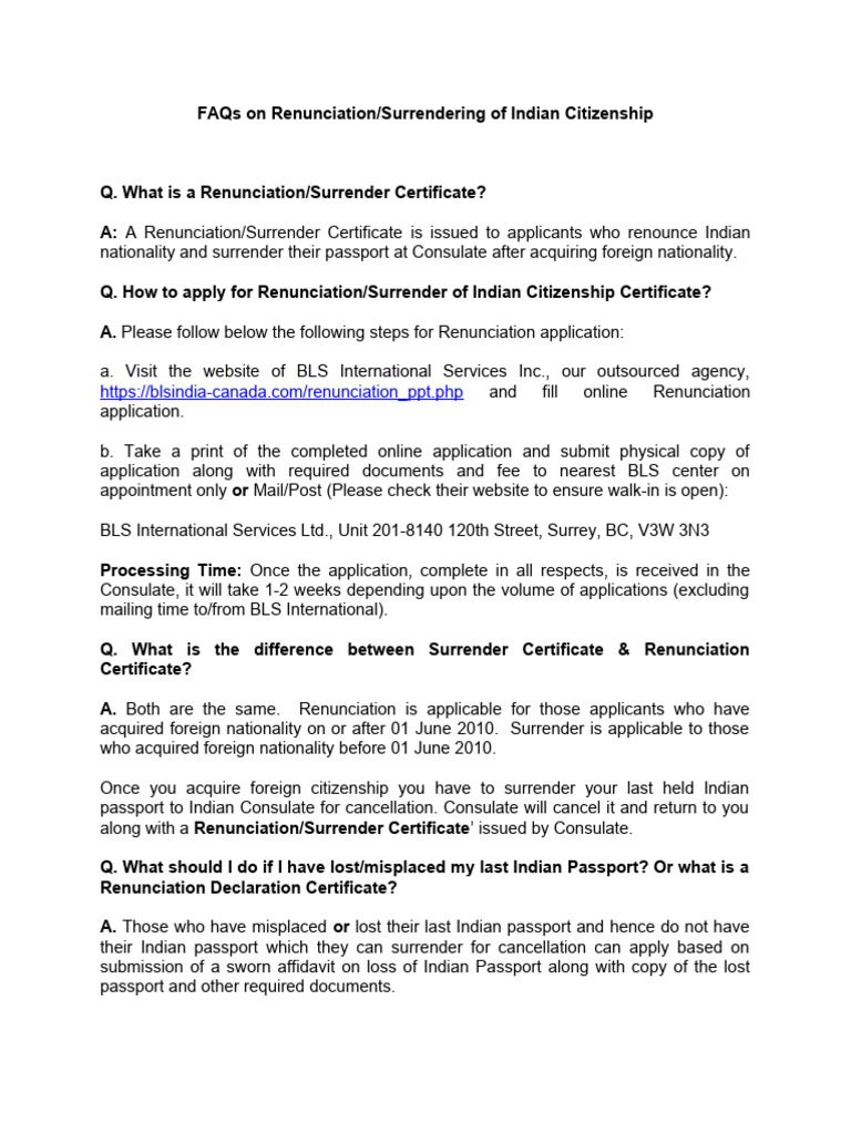 FAQs On Surrender and Renunciation 23 07 2022 | PDF | Passport | Nation