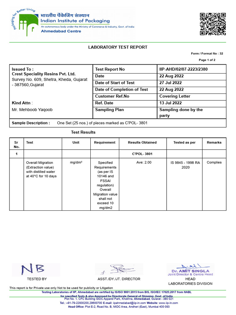 C'Pol - 3801 - Overall Migration Certificate | PDF