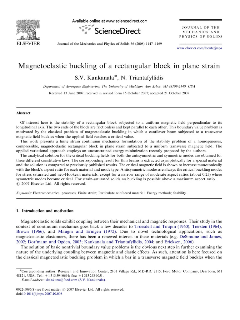 Plane Strain Paper Magnetoelastic Buckling of A Rectangular Block in ...