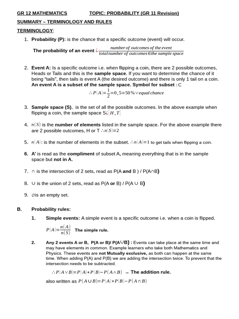 GR 11 probability revision | PDF | Probability | Mathematical Concepts